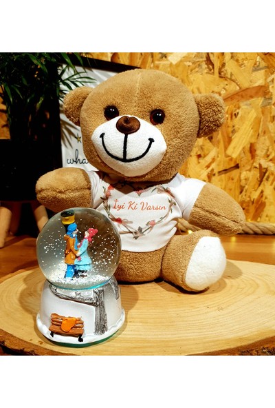 Hediye Deposu Romantik Aşıklar Işıklı Kar Küresi ve Peluş Ayıcık Sevgiliye Hediye