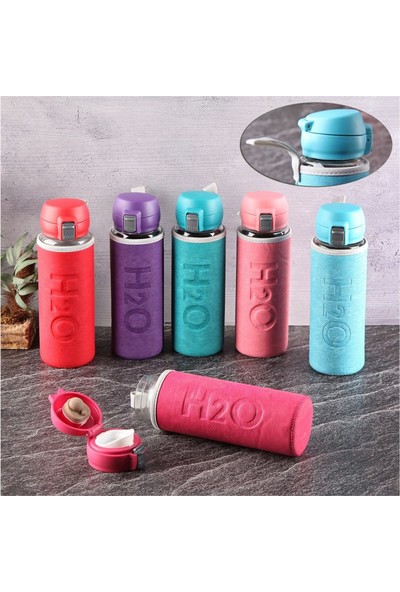 Çılgıntrend Deri Kılıflı Cam Matara Mavi