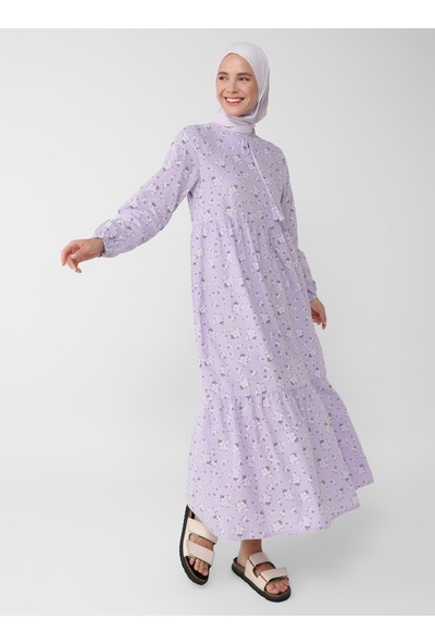 Benin Doğal Kumaşlı Çiçek Desenli Elbise - Lila - Benin