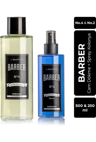 Barber Marmara Barber 500ML Cam Şise No.4 ve 250ML No.2 Sprey Kolonya Seti Barber Marmara Barber 500ML Cam Şise No.4 ve 250ML No.2 Sprey Kolonya Seti