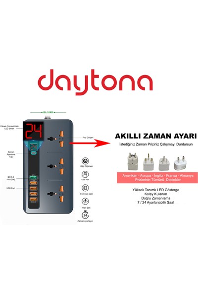 Daytona RL-316D Termal Akım ve Isınma Korumalı 5 USB 5V-3.4A Qc3.0 Girişli LED Ekran Saat Zamanlı Uzatma Kablolu Akıllı Priz Daytona RL-316D Termal Akım ve Isınma Korumalı 5 USB 5V-3.4A Qc3.0 Girişli LED Ekran Saat Zamanlı Uzatma Kablolu Akıllı Priz
