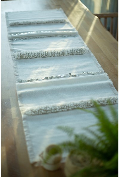 Bohemart Runner Masa Örtüsü Elişi Beyaz Keten Gümüş Pul 40 x 170 cm