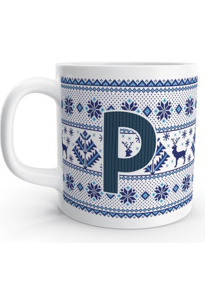 Rock'n Fox P Harfi Kış Nostaljisi Yılbaşı Noel Örgü Tasarım Harfli Kupa Bardak