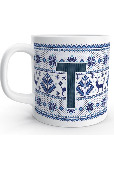 Rock'n Fox T Harfi Kış Nostaljisi Yılbaşı Noel Örgü Tasarım Harfli Kupa Bardak