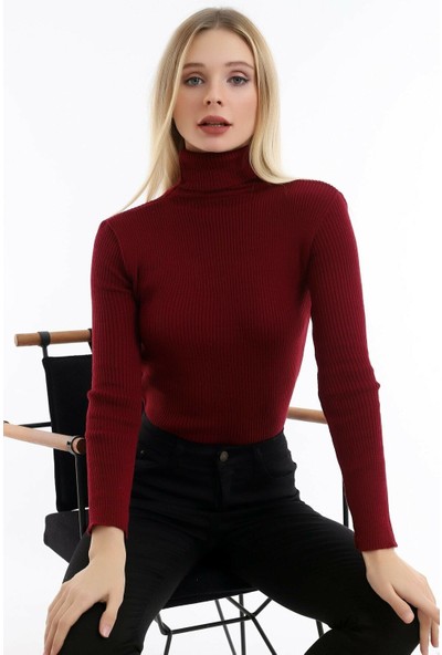 Belifanti Collection Kadın Balıkçı Yaka Boğazlı Slim Fit Kazak Bordo