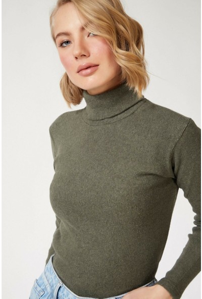 Belifanti Collection Kadın Balıkçı Yaka Boğazlı Slim Fit Kazak Haki