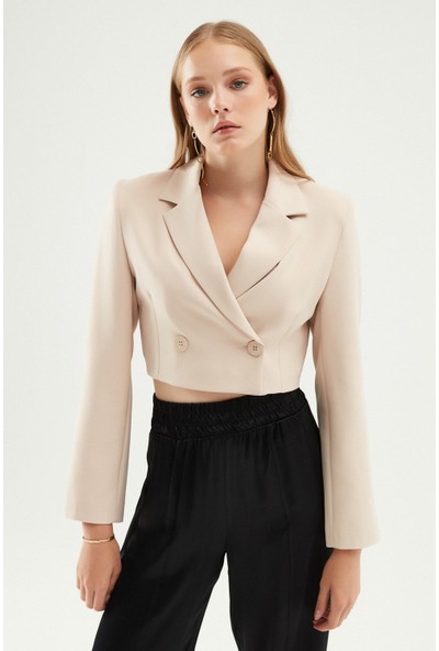 Quzu Kruvaze Crop Blazer Ceket Taş Quzu Kruvaze Crop Blazer Ceket Taş