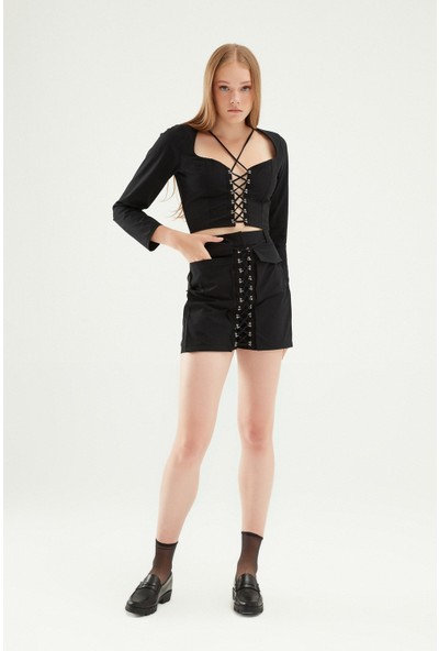 Quzu Çapraz Bağlamalı Şort Etek Siyah