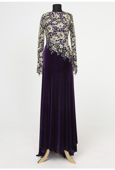 SETRMS Mor Dantel Dataylı Kadife Abiye Elbise 15191012