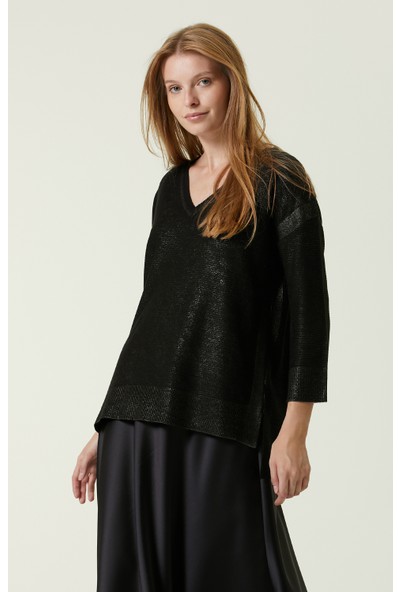 Network Basic Fit Siyah V Yaka Varaklı Kazak Network Basic Fit Siyah V Yaka Varaklı Kazak