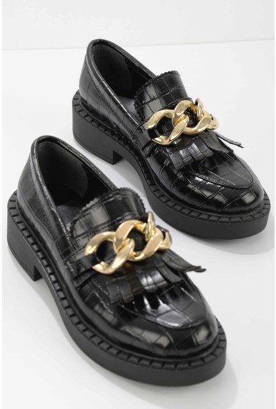 Bambi Siyah Kroko Kadın Loafer Ayakkabı K01534070411 Bambi Siyah Kroko Kadın Loafer Ayakkabı K01534070411