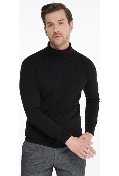 Hatemoğlu Siyah Desenli Tam Balıkçı Triko Kazak