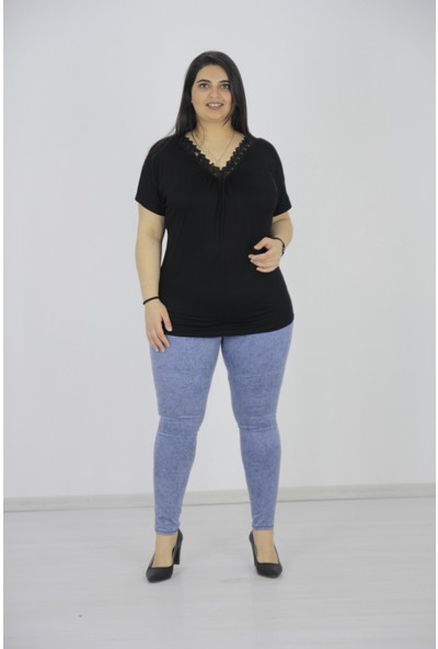 Truva Xxl Büyük Beden Kadın Giyim V Yaka Dantel Detaylı Bluz