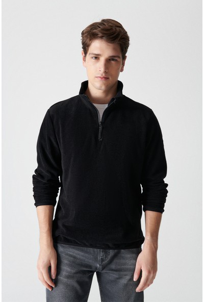 Avva Erkek Siyah Fermuarlı Dik Yaka Düz Polar A12Y1068