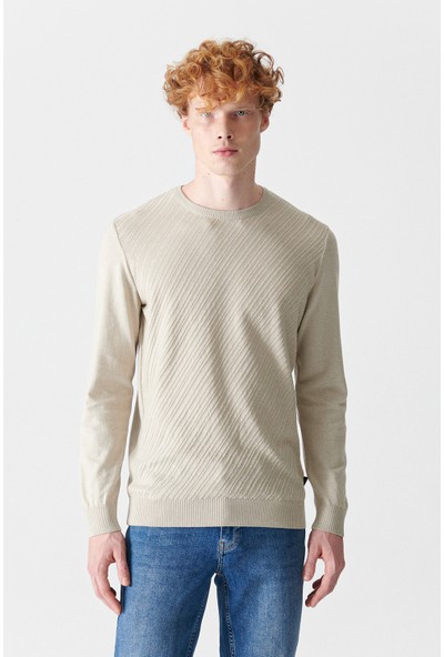 Avva Erkek Bej Bisiklet Yaka Jakarlı Kazak A12Y5039