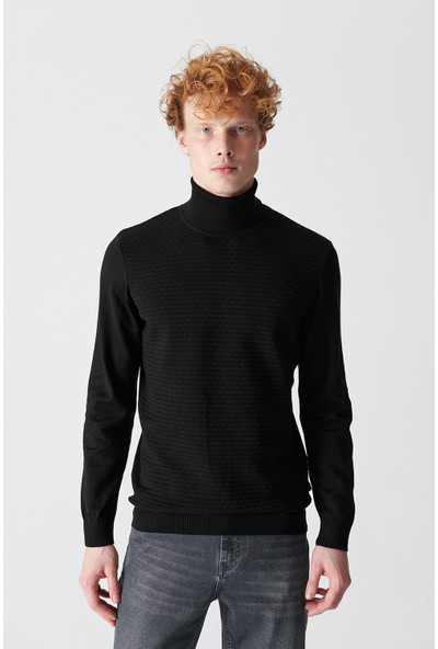 Avva Erkek Siyah Balıkçı Yaka Jakarlı Kazak A12Y5046