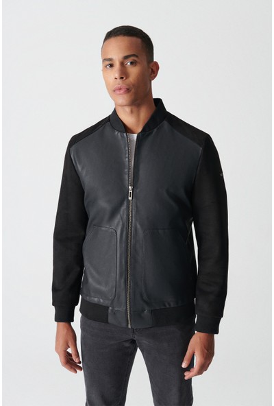Avva Erkek Siyah Bomber Yaka Süet Garnili Deri Mont A12Y6029