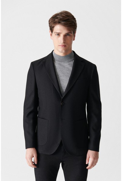 Avva Erkek Siyah Mono Yaka Düz Slim Fit Torba Cepli Ceket A12Y4003