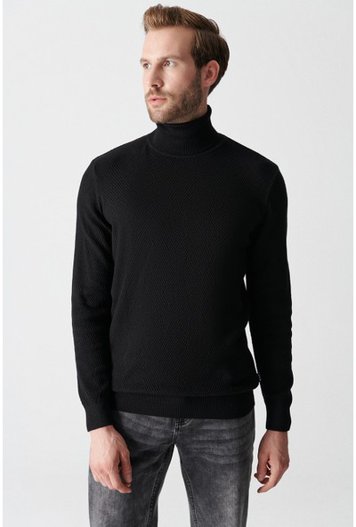 Avva Erkek Siyah Balıkçı Yaka Jakarlı Kazak A12Y5007