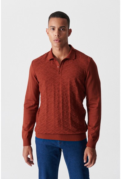 Avva Erkek Kiremit Polo Yaka Jakarlı Kazak A12Y5122