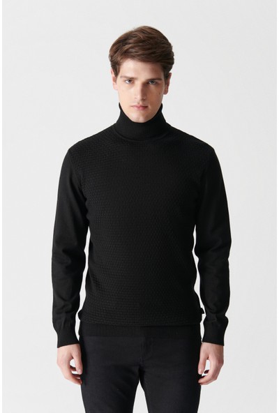 Avva Erkek Siyah Balıkçı Yaka Jakarlı Kazak A12Y5047