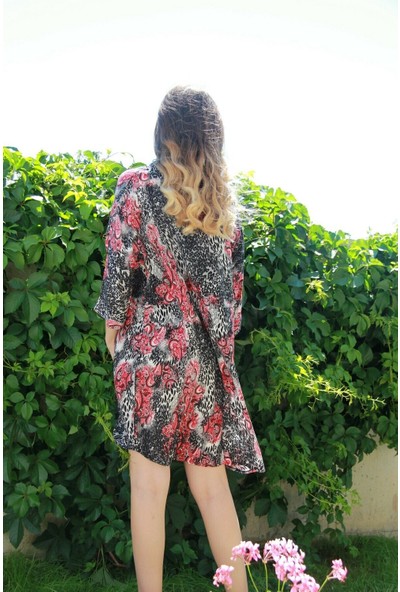 Bohemian Kadın Kırmızı Gömlek Yaka Kısa Elbise