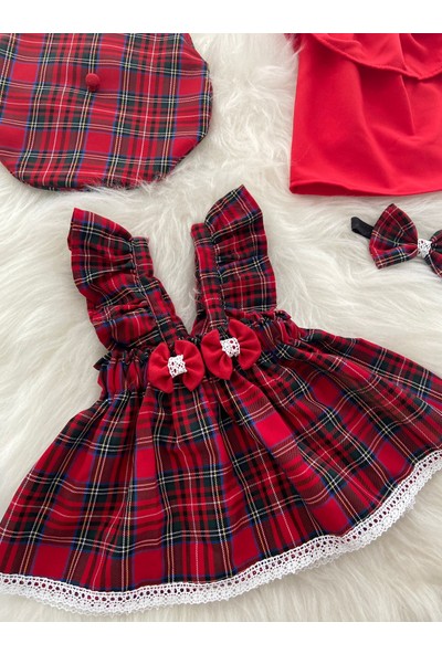 Moda Lina Kız Bebek Dantelli Kırmızı Salopet Bluz Şapka & Bandana Set