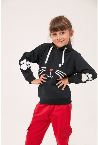 FullaModa Kedi Baskılı Kapüşonlu Çocuk Sweatshirt