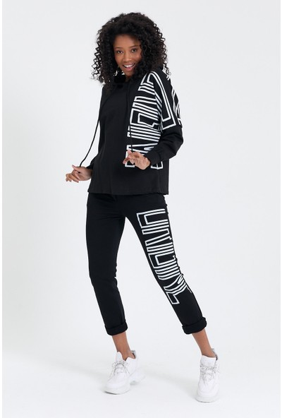 Pua Fashion Siyah Yanı Yazılı Kapşonlu Sweat-Shirt