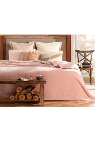 Madame Coco Claire Çift Kişilik Sherpa Düz Battaniye - Pudra