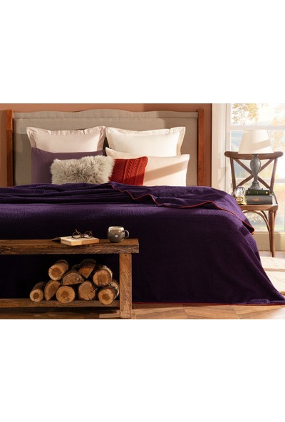 Madame Coco Claire Çift Kişilik Sherpa Düz Battaniye - Mor