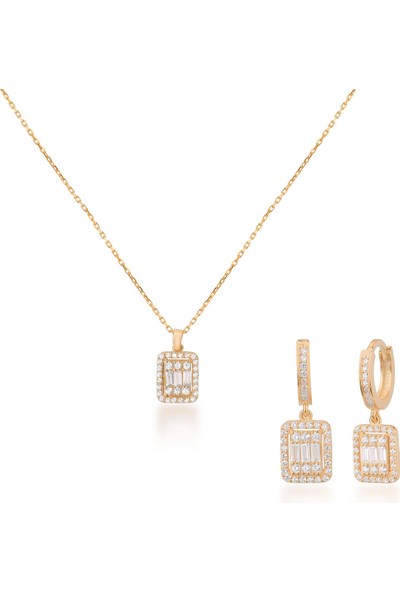 Coşar Silver Zirkon Taşlı Pırlanta Montür Altın Kaplama Baget Taşlı Gümüş 2 Li Set