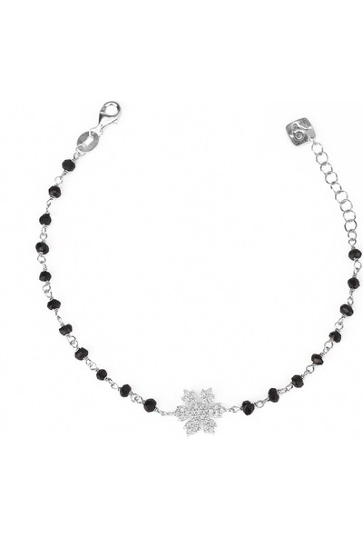 Coşar Silver Zirkon Taşlı Pırlanta Montür Gümüş Rengi Altın Kaplama Siyah Rosary Papatya Gümüş Bileklik
