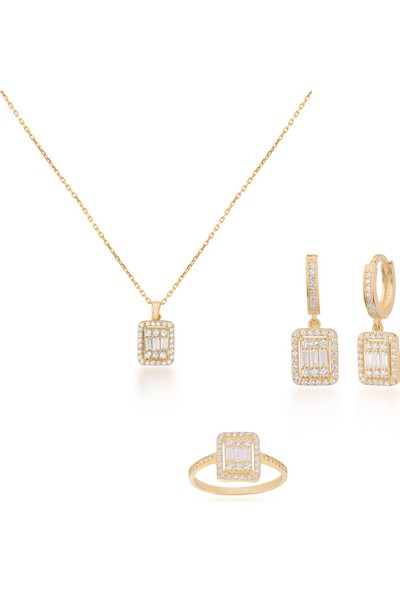 Coşar Silver Baget Taşlı Altın Kaplama Üçlü Gümüş Set Coşar Silver Baget Taşlı Altın Kaplama Üçlü Gümüş Set