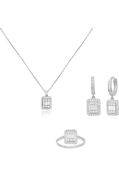 Coşar Silver Zirkon Taşlı Pırlanta Montür Gümüş Rengi Kaplama Baget Taşlı Gümüş Set