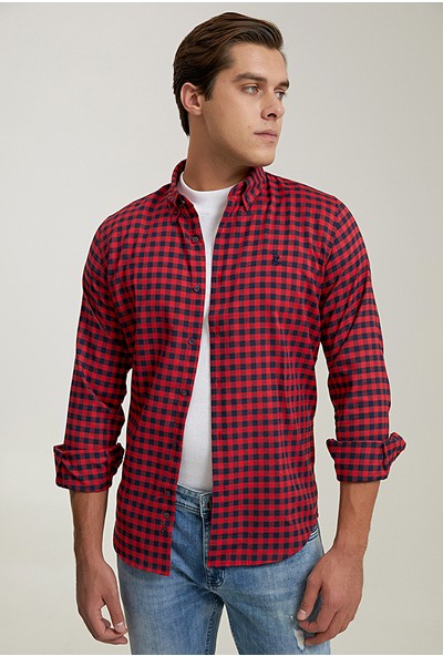 D'S Damat Slim Fit Kırmızı Ekoseli Gömlek