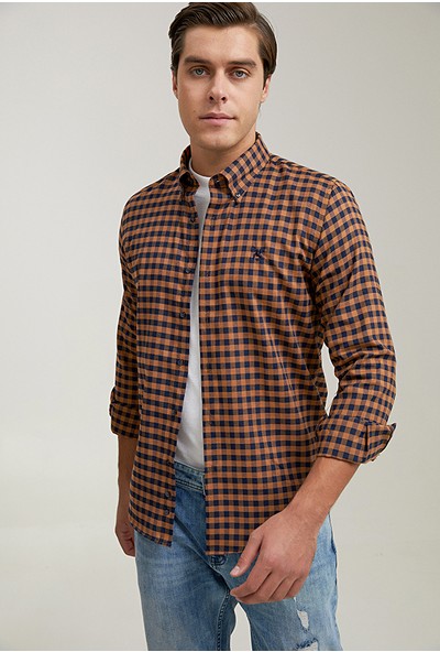D'S Damat Slim Fit Camel Ekoseli Gömlek