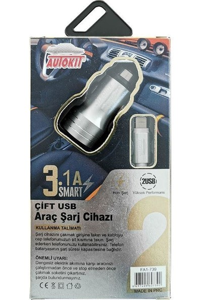 Autokit Metal Araç Şarjı 2 USB 3.1 Amper Iphone Autokit Metal Araç Şarjı 2 USB 3.1 Amper Iphone