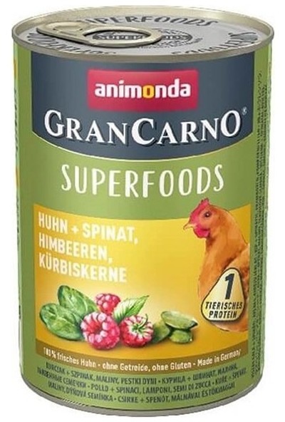 Animonda Gran Carno Superfoods Tavuk Ispanak ve Ahududulu Yetişkin Köpek Konservesi 400 gr