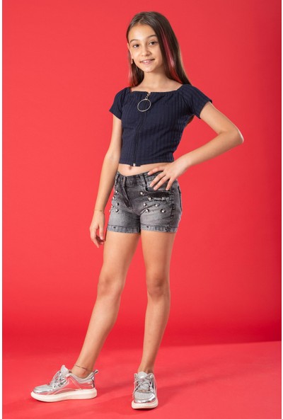Zepkids Kız Çocuk Kot Şort Nakışlı Taşlı 8-12 Yaş