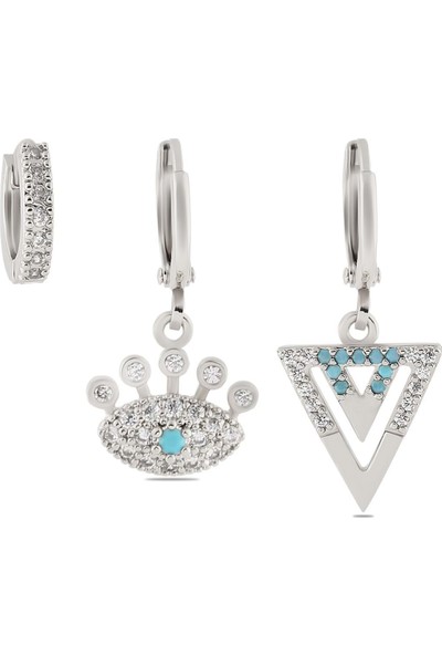 Artikel Gümüş Rengi 3 Lü Zirkon Taşlı Üçgen - Göz Küpe Seti