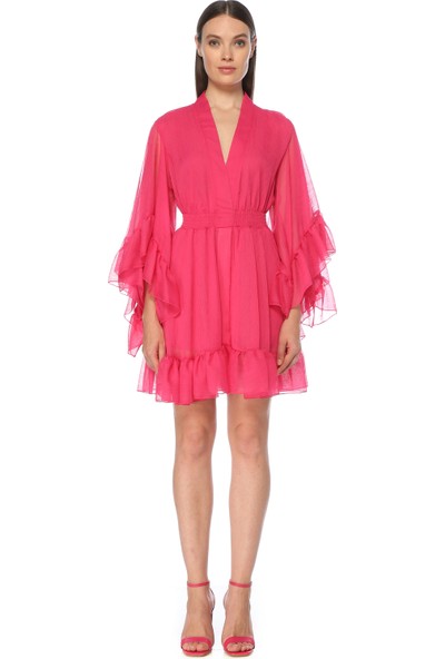 Network Pembe V Yaka Truvakar Kollu Mini Elbise