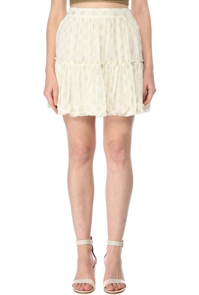 Network Beyaz Simli Geometrik Desenli Mini Etek