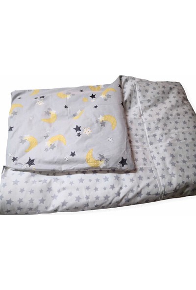 Bebek Özel 100X150 cm Pamuklu Kumaştan Bebek Yorganı (Gri Zemin Sarı Hilal/gri Yıldızlı)