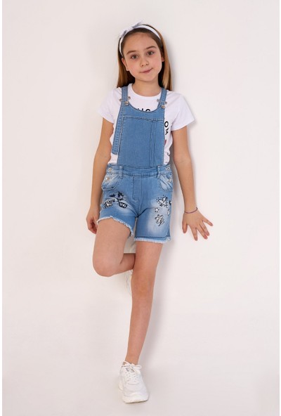 Zepkids Kız Çocuk Şort Salopet Nakışlı Taşlı