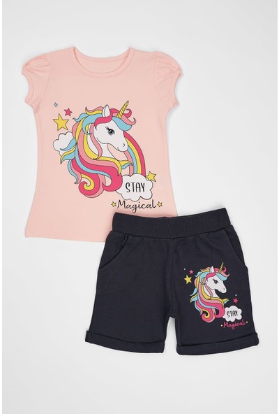 Zepkids Kız Çocuk Şortlu Takım Unicorn Baskılı 2-5 Yaş