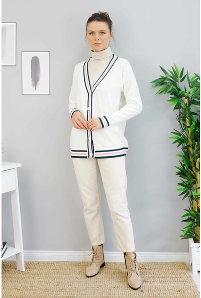 İmaj Butik Üç Renkli Triko Hırka-Beyaz/pudra