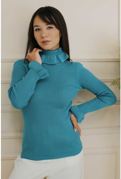 İmaj Butik Kolları Fırfır Detaylı Boğazlı Triko Kazak/turkuaz