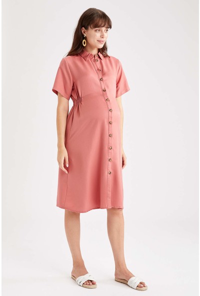 DeFacto Gömlek Yaka Beli Lastikli Kısa Kollu Hamile Elbisesi V5769AZ21AU