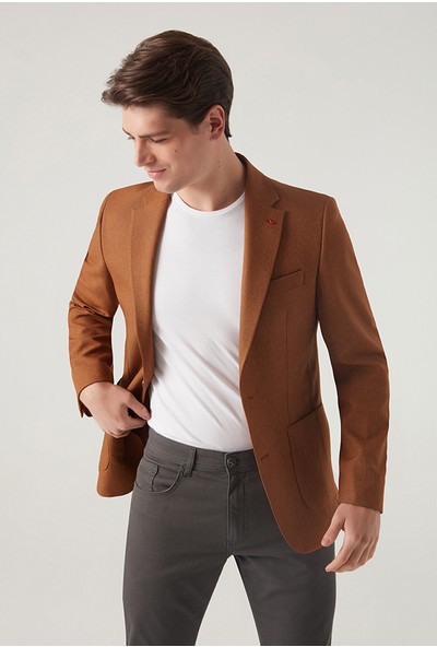 D'S Damat Slim Fit Camel Armürlü Kumaş Ceket